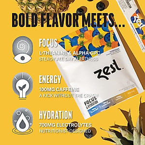 Zest Caffeine, L-Theanine, & Alpha GPC - Focus & Electrolyte Hydration Powder - Pineapple Blueberry - Mix w/Water - 14 Packets - Nootropic Brain Booster Supplement Drink - Low Sugar Liquid Enhancer