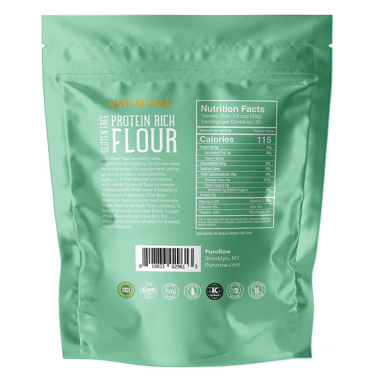 Oat Flour, 2lbs, Gluten Free Oat Flour for Baking, Oat Flour Gluten Free, Oatmeal Flour, Oat Powder, Whole Oats Flour, All Natural, Non-GMO, Batch Tested, Product of Canada, 2 Pounds, By PuroRaw.