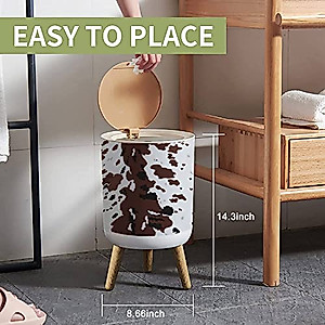 Small Trash Can with Lid Seamless Texas Longhorn cow hide print design with big brown spots Garbage Bin Wood Waste Bin Press Cover Round Wastebasket for Bathroom Bedroom Kitchen 7L/1.8 Gallon