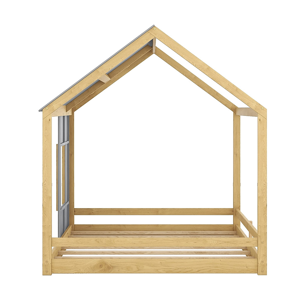 Full House Bed, Montessori Bed Full Size Floor Bed with Rails and Roof, Window, Solid Wood Platform Bed Frame with Slats, for Kids Teens Girls Boys (Full Size, Gray+Natural)