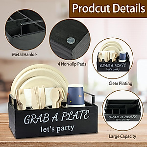 Paper Plate Holder, Utensil Caddy Organizer, Wood Paper Plate Dispenser, Silverware Caddy Holder, and Disposable Coffee Bar Accessories Box for Kitchen Counter, Party, Camping, Picnic (6 compartment)