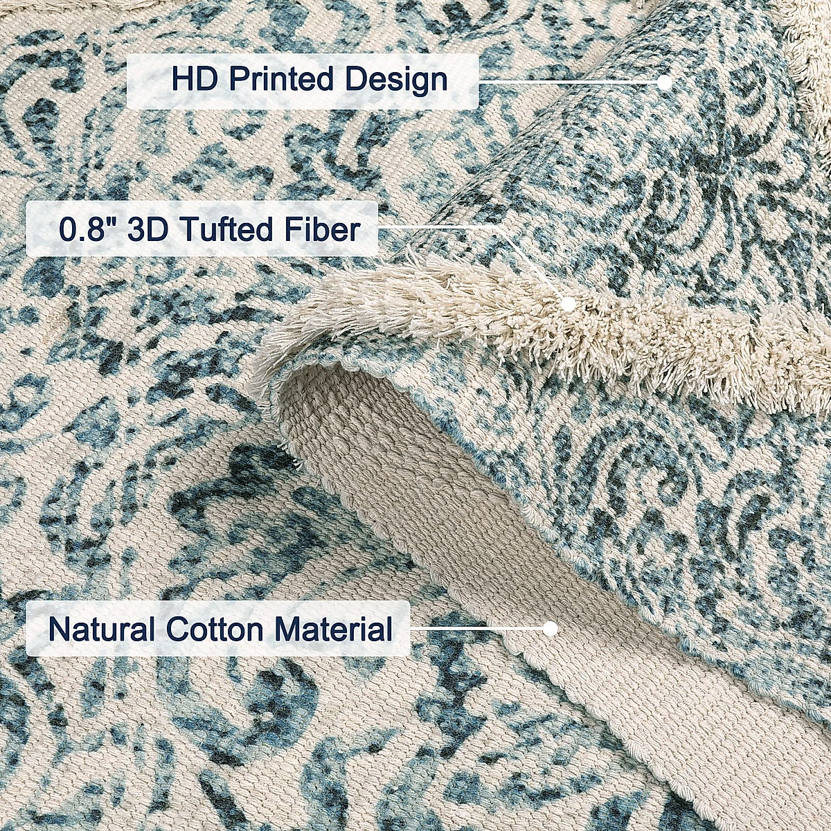 Uphome Boho Area Rug 4' x 6' Washable Vintage Printed Living Room Rug Blue Tufted Distressed Bedroom Rug with Tassels Cotton Farmhouse Floor Carpet for Dining Entryway Kids' Room