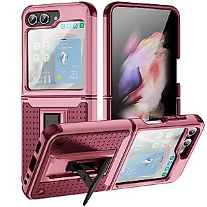 HIYUUTTBS for Samsung Galaxy Z Flip 5 5G Case,Shockproof 3 in 1 Silicone Rubber with Hard PC Rugged Full Body Protection Phone Cover for Samsung Galaxy Z Flip 5,Pink(YZ-34)