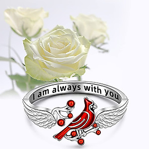 LOVGIFSET Cardinal Ring Angel Wing Ring Cardinal Appear When Angels are Near Feather Red Bird Rings for Women Sterling Silver Memorial Jewelry