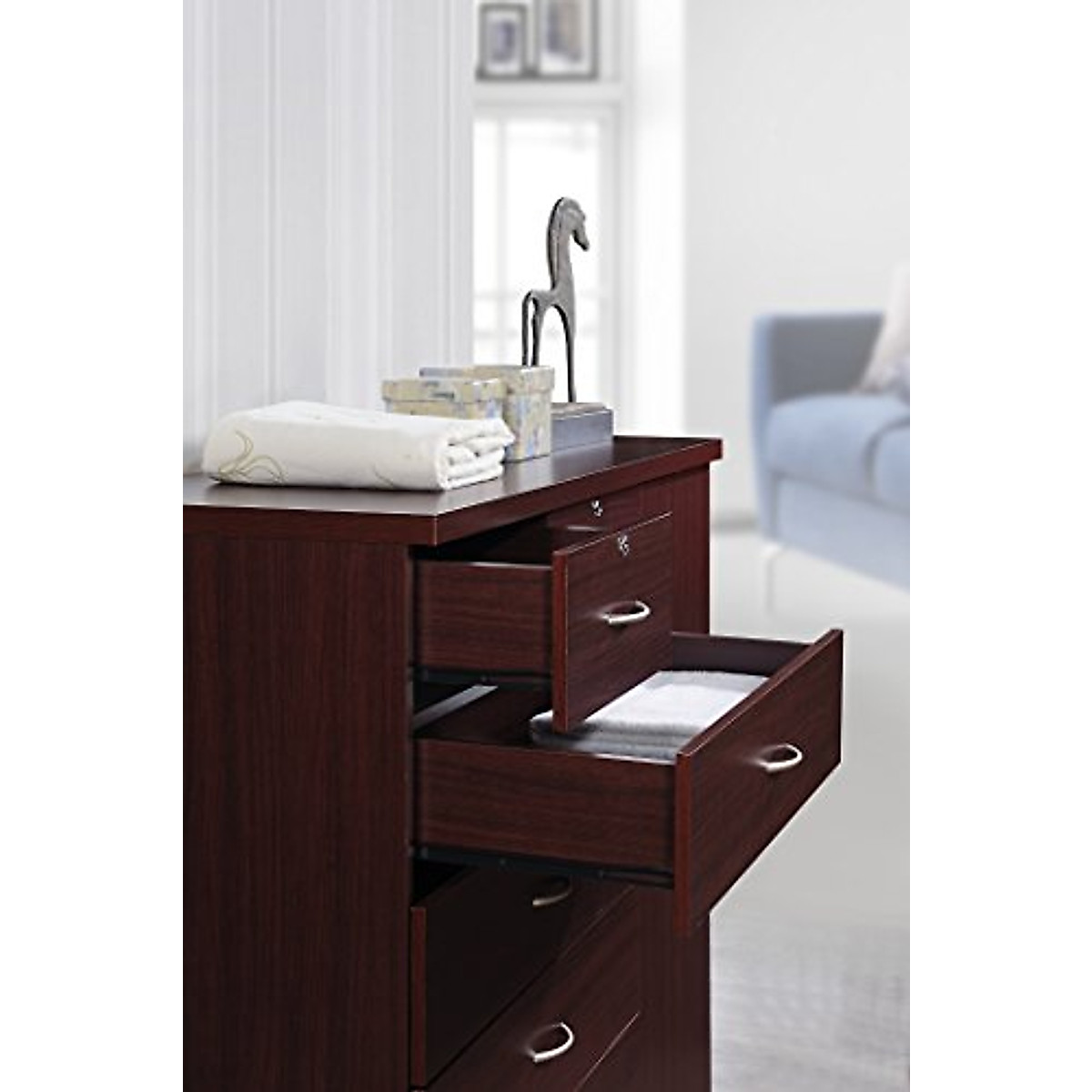 Hodedah 7 Drawer Jumbo Chest, Five Large & Two Smaller Drawers with Two Lock, Hanging Rod, and Three Shelves | Mahogany, 17.76" D X 47.24" W X 48.39" H