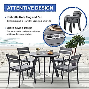 Soleil Jardin 5 Piece Outdoor Dining Set, Aluminum Patio Furniture Dining Set with Round Dining Table w/Umbrella Hole and 4 Stackable Chairs w/Cushions for Yard, Garden, Porch and Pool, Dark Gray