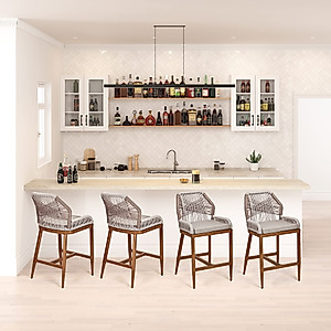 Counter Height Bar Stools Set of 2, 24.8" H Rattan Bar Stools, Home Back Dining Chair, Modern Patio Bar Stools with Backrest and Arm, Comfortable Simple and Beautiful Counter Chair