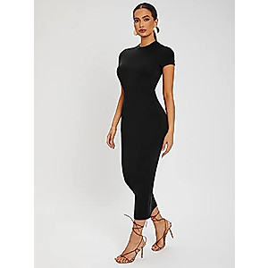Verdusa Women's Round Neck Cap Sleeve Solid Long Pencil Bodycon Dress Black S