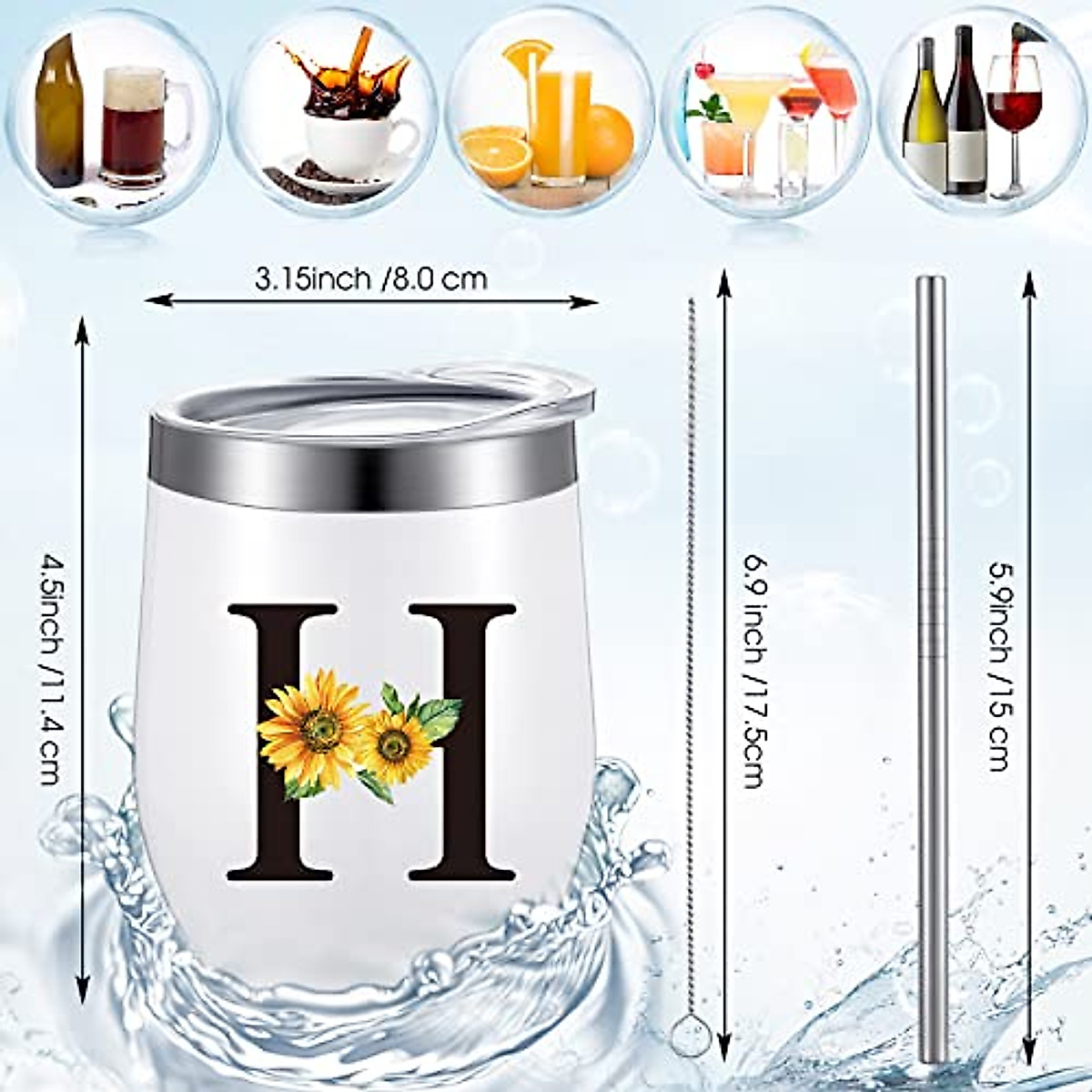 Zopeal Funny Personalized Coffee Mug Cup with Initials, Monogrammed Gift for Women Mom Teacher Birthday Christmas Wedding, 12 oz Stainless Steel Wine Tumbler with Brush Straw Gift Box(H)