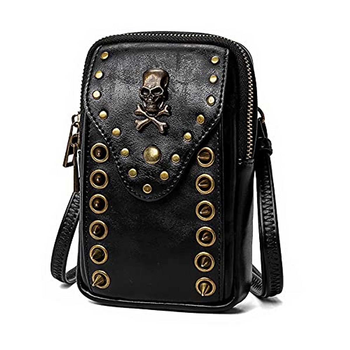 nice--buy Punk Gothic Skull Carry Purse Women Handbag Single Shoulder Waist Bag Cell phone Wallet Steampunk Retro Women Travel Purse Motorcycle Bag Stud Rivet Fashion, Black, Small