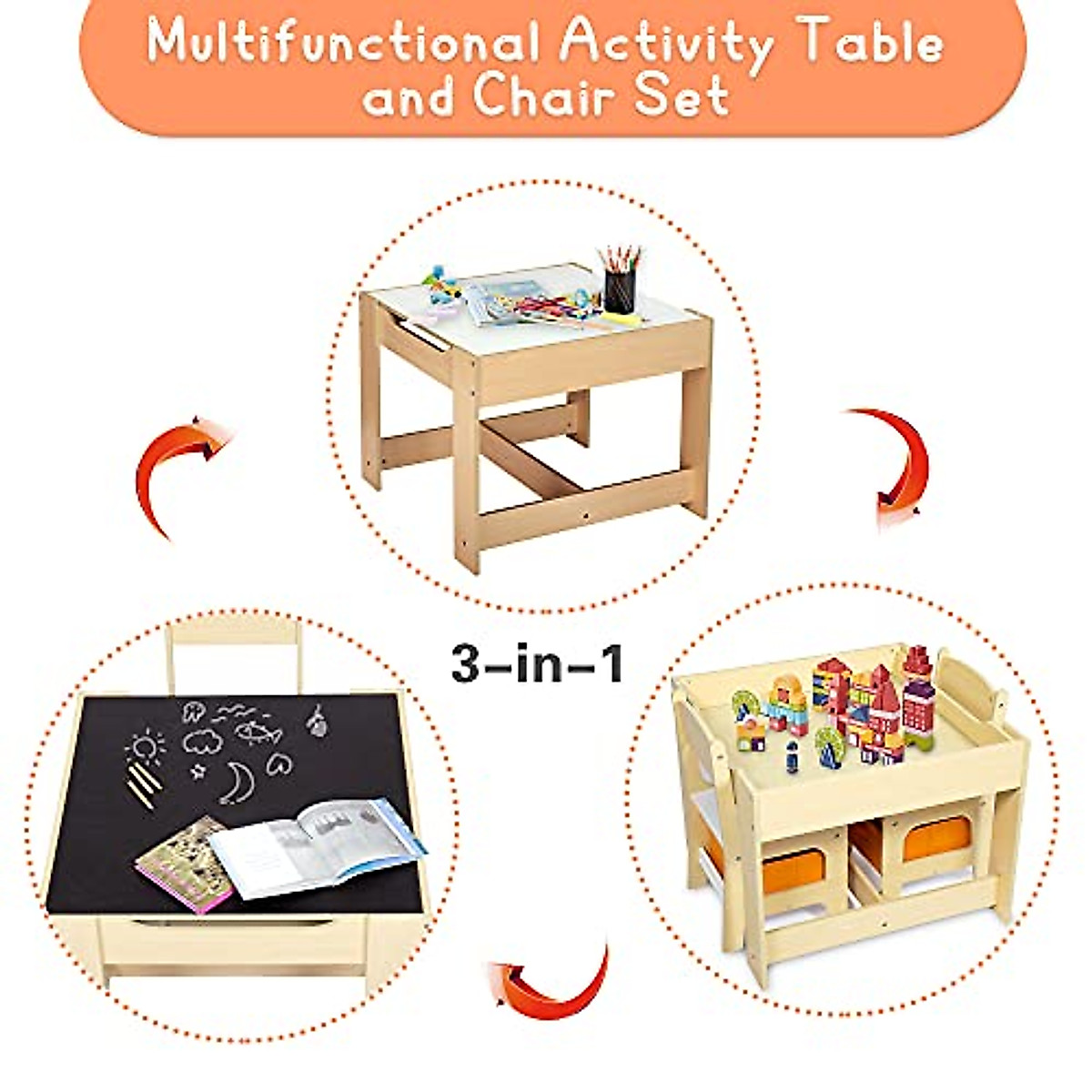 Kinfant Toddler Table and Chair Set - Activity Table for Toddlers with Double Side Detachable Tabletop, 3 in 1 Wood Activity Table for Toddlers Arts, Crafts, Drawing & Reading (Orange)