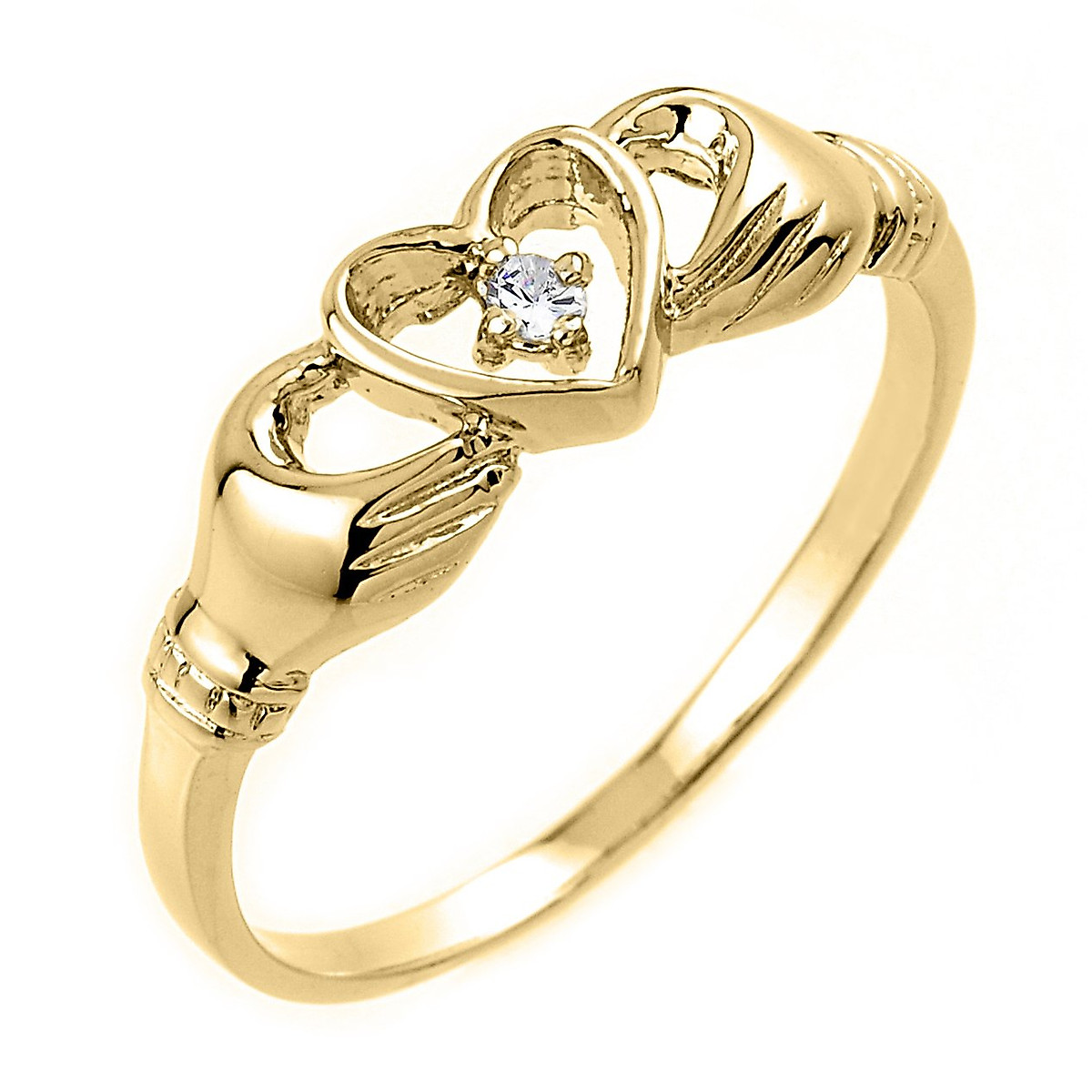 14k Yellow Gold Diamond Accent Solitaire Open Heart Claddagh Ring (J-K Color, I1-I2 Clarity)- Size 5