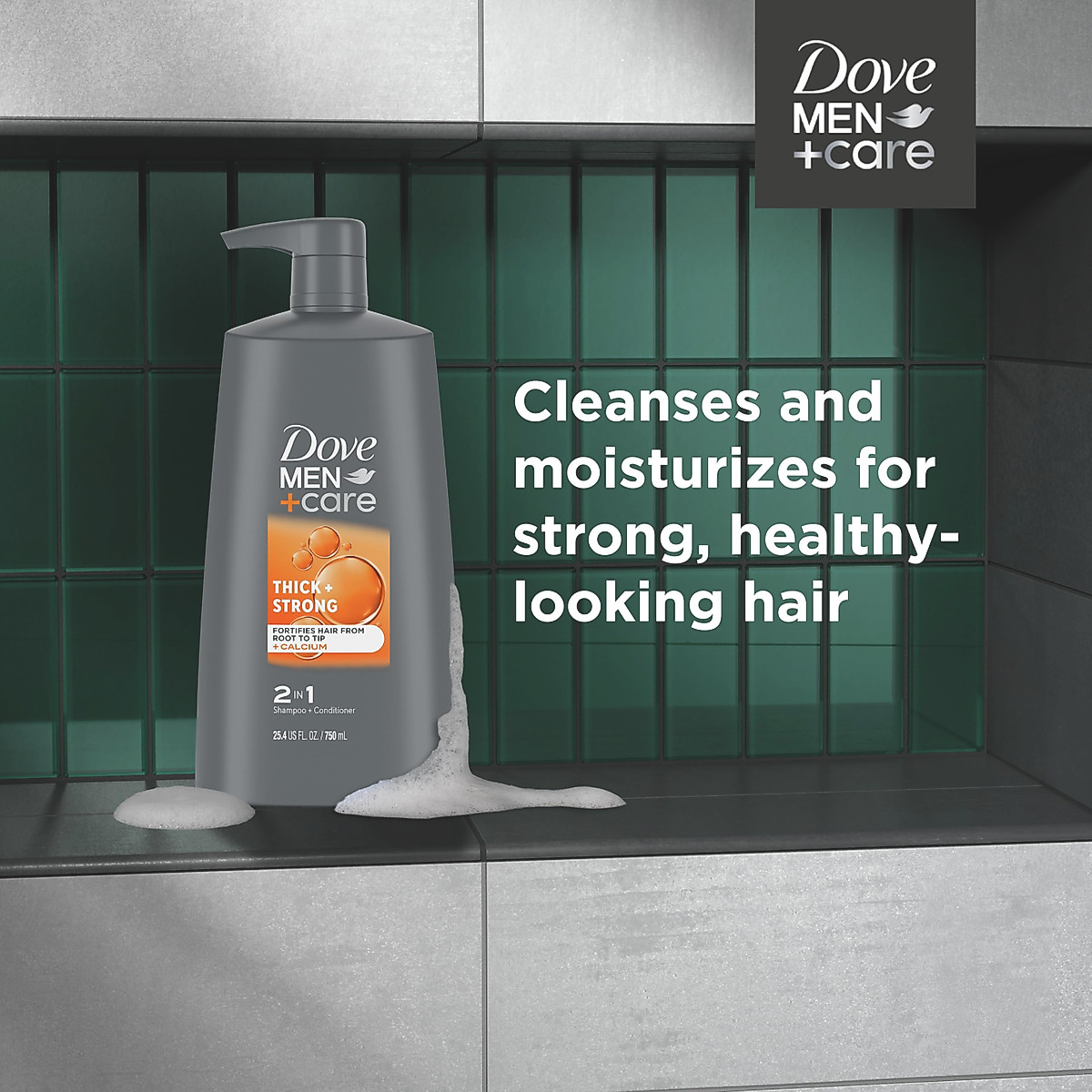 DOVE MEN+ CARE 2-in-1 Shampoo + Conditioner Thick + Strong 4 count for Fortifying Hair from Root to Tip, with Calcium, 25.4 oz