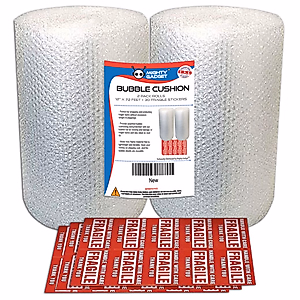 2-Pack Mighty Gadget Bubble Cushioning Wrap Rolls, Air Bubble, 12 Inch x 72 Feet Total, Perforated Every 12", 30 Bonus Fragile Stickers Included