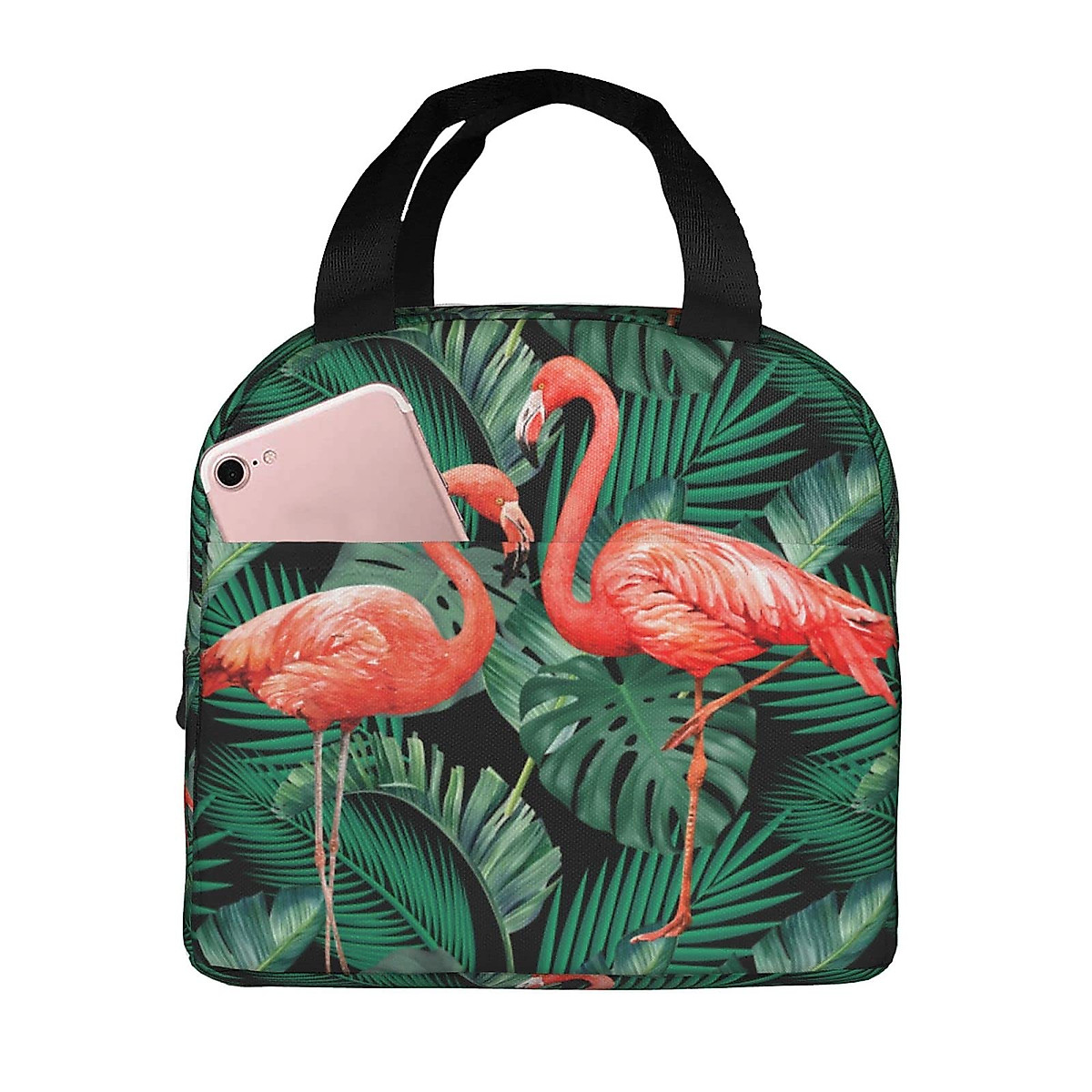 Docsckus Insulated Lunch Bag Water-resistant Cooler Tote Box with Zipper for Women Work Picnic Travel Pink Flamingo Palm