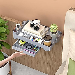 Ronlap Folding Bedside Shelf, Bunk Bed Shelf Organizer for Top Bunk Clip On Nightstand Plastic Bedside Shelf Tray for College Dorm Kids with Cupholder Hooks Hanging Cup, Small Size with Drawer, Grey