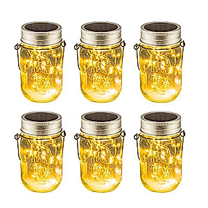 Solpex Solar Mason Jar Lights 30 LEDs, 6 Pack Fairy Hanging Solar Outdoor String Lights with Jars and Hangers, Waterproof Decorative Fairy Solar Lantern Lights for Garden Balcony Patio- Warm White