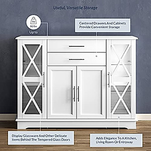 BELLEZE Sideboard Buffet Cabinet, 47 Inch Storage Cabinet Console Table Coffee Bar Cabinet Kitchen Cupboard Pantry Cabinet Glass Display Cabinet for Lving Room Entryway Dining Room, White
