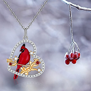 Sterling Silver Heart Red Cardinal Necklace for Women Mom Mother Daughter Friend Crystal Couples Cute Bird Necklaces Dainty Cubic Zirconia Long Chain
