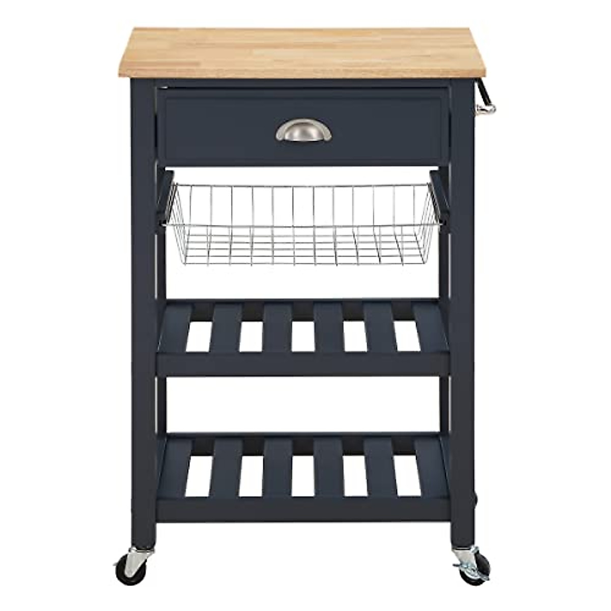 OSP Home Furnishings Hampton Kitchen Cart with Wood Top, Utensil Drawer, Under Cabinet Basket, and 2 Slatted Shelves, Blue Stone Base