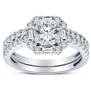 Size 4 - Solid 14k White Gold CZ Cubic Zirconia Halo Bridal Engagement Ring w/Matching Wedding Band Two Ring Set - Round Brilliant Cut Solitaire with Baguette Side Stones (2.75cttw., 1.0ct. Center)