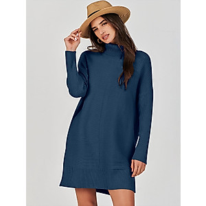 ANRABESS Women's Oversized Turtleneck Sweater Dress Pullover Batwing Sleeve Split Hem Tunics Fall Casual Short Dresses Dark Blue