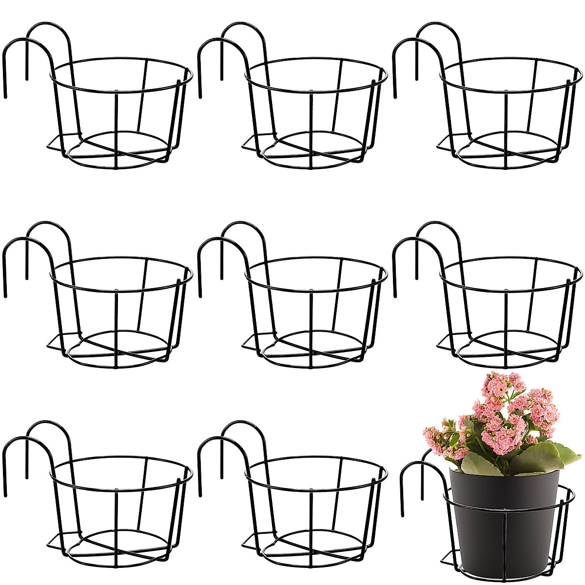 Wesiti 10 Pcs Round Hanging Flower Stand Balcony Planters Railing Hanging Metal Rack Fence Railing Planters Outdoor Balcony Flower Stand Shelf Container(10 Inch,Black)
