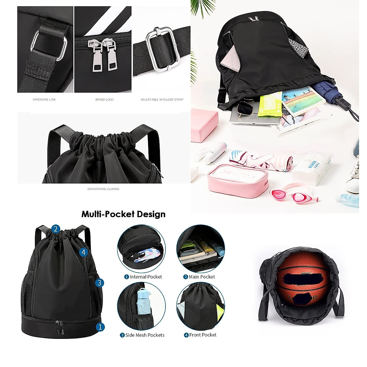 2023 New Sports Backpacks Drawstring Gym Bag Backpack With Shoe Compartment Large Waterproof Shoulder Drawstrings Bags (Blue)