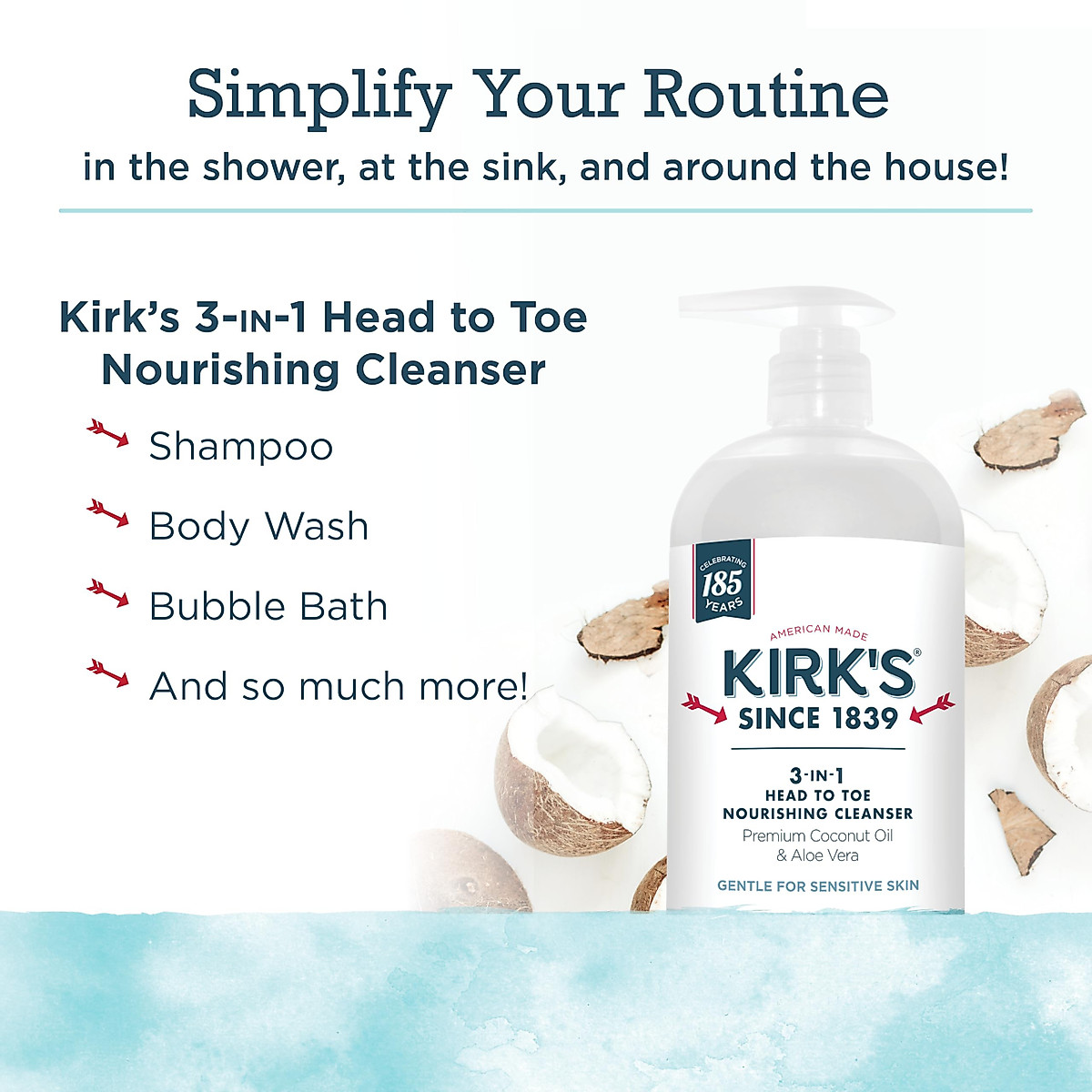 Kirk's 3-in-1 Head to Toe Nourishing Liquid Cleanser- for Men, Women & Children - Premium Coconut Oil & Aloe Vera- Non GMO & Vegan -Fragrance Free - 32 Fl Oz.