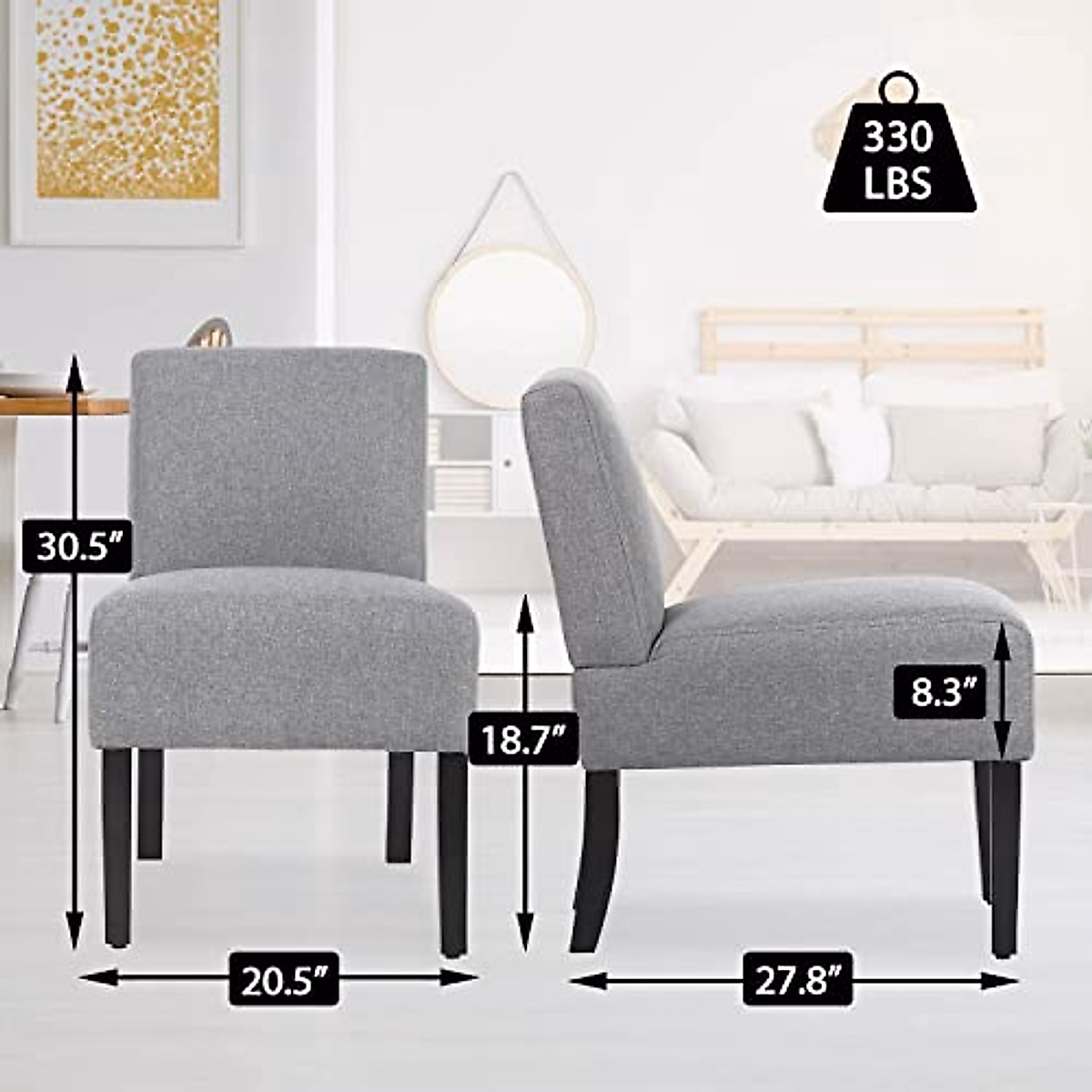Armless Accent Chair Set of 2, Modern Living Room Chairs with Thick Cushion & Solid Wood Legs, Fabric Comfy Bedroom Slipper Accent Corner Side Chair Living Room Furniture, Grey