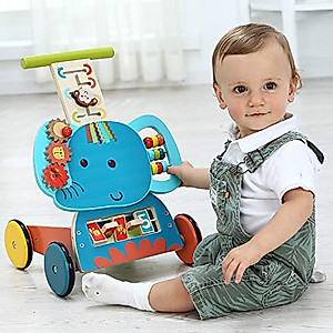 labebe - Baby Pushing Walker Toy for 1-3 Years Old Girl/Boy, Toddler Learning Walker 4 Wheels Wooden Walker, Infant Activity Walker Wagon Toy, Kids Walker Toy for Walking - Blue Elephant