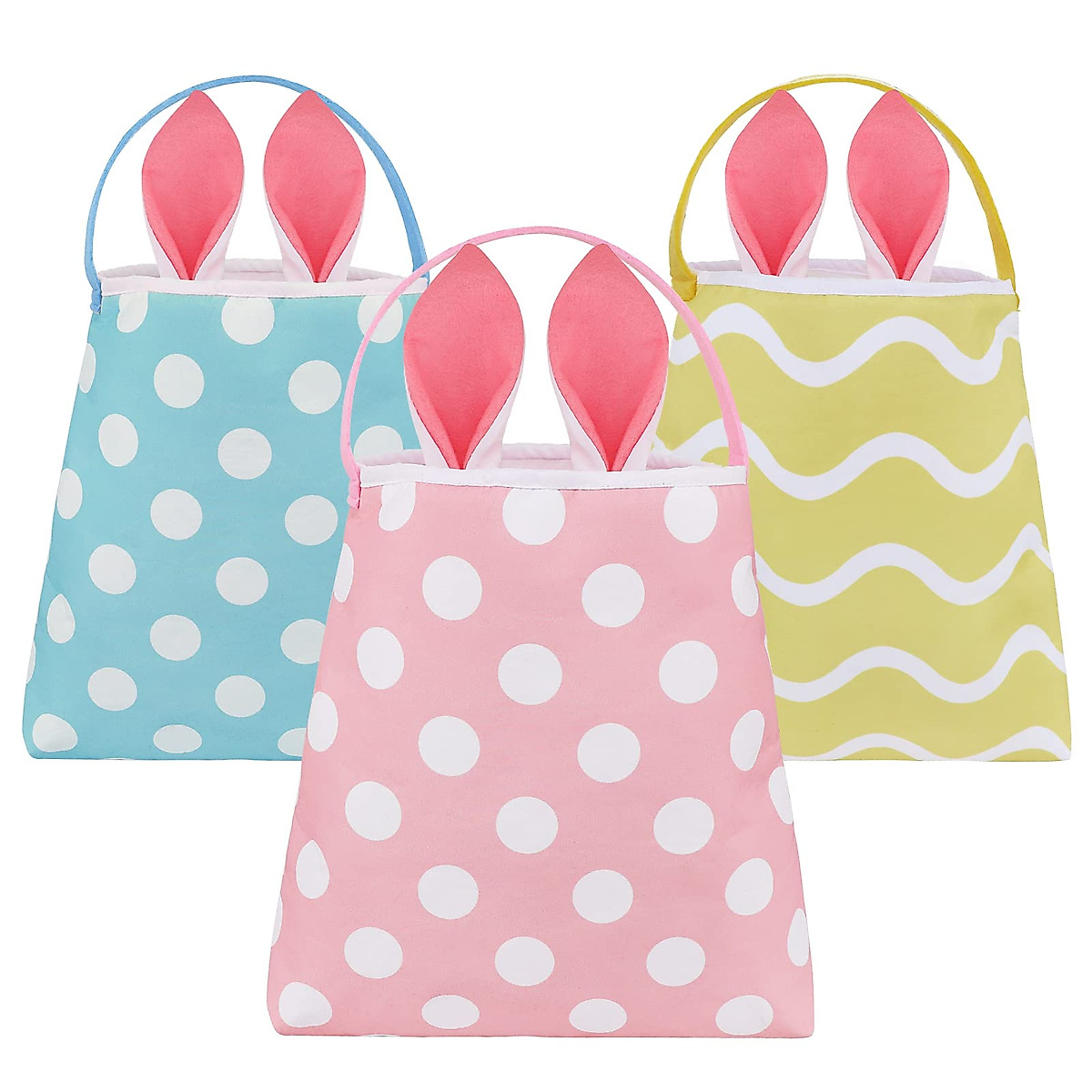 Ivenf Easter Tote Bags with Bunny Ears 3ct, Pink Blue Yellow Easter Gift Bags for Hunt Games Eggs, Kids School Home Party Supplies Decorations