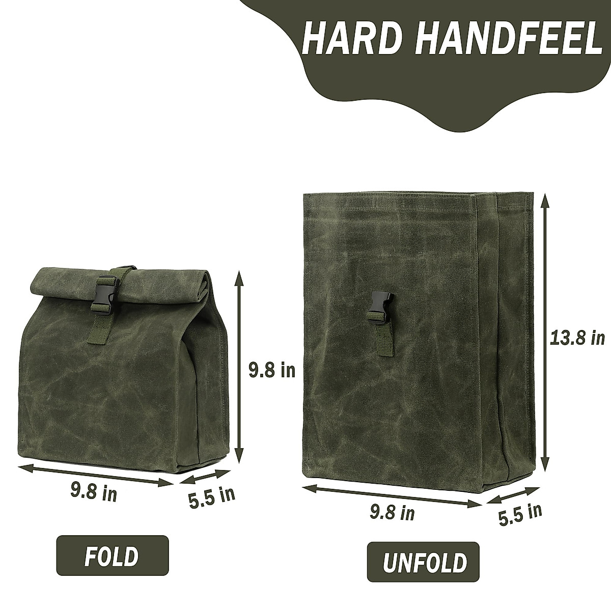 Kaaltisy Heavy Duty Lunch Bags Waxed Canvas Roll-top Lunch Boxes Waterproof Reusable Lunch Bag with Adjustable Buckle, Green, Hard Handfeel