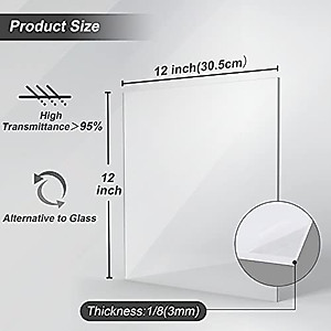ToolinHand 2 Pack Clear Cast 12''×12" Acrylic/Plexiglass Sheets - Transparent 1/8” Thick (3mm) Square Panels Plastic Sheets for Picture Frames, Sign, Craft, Display Projects
