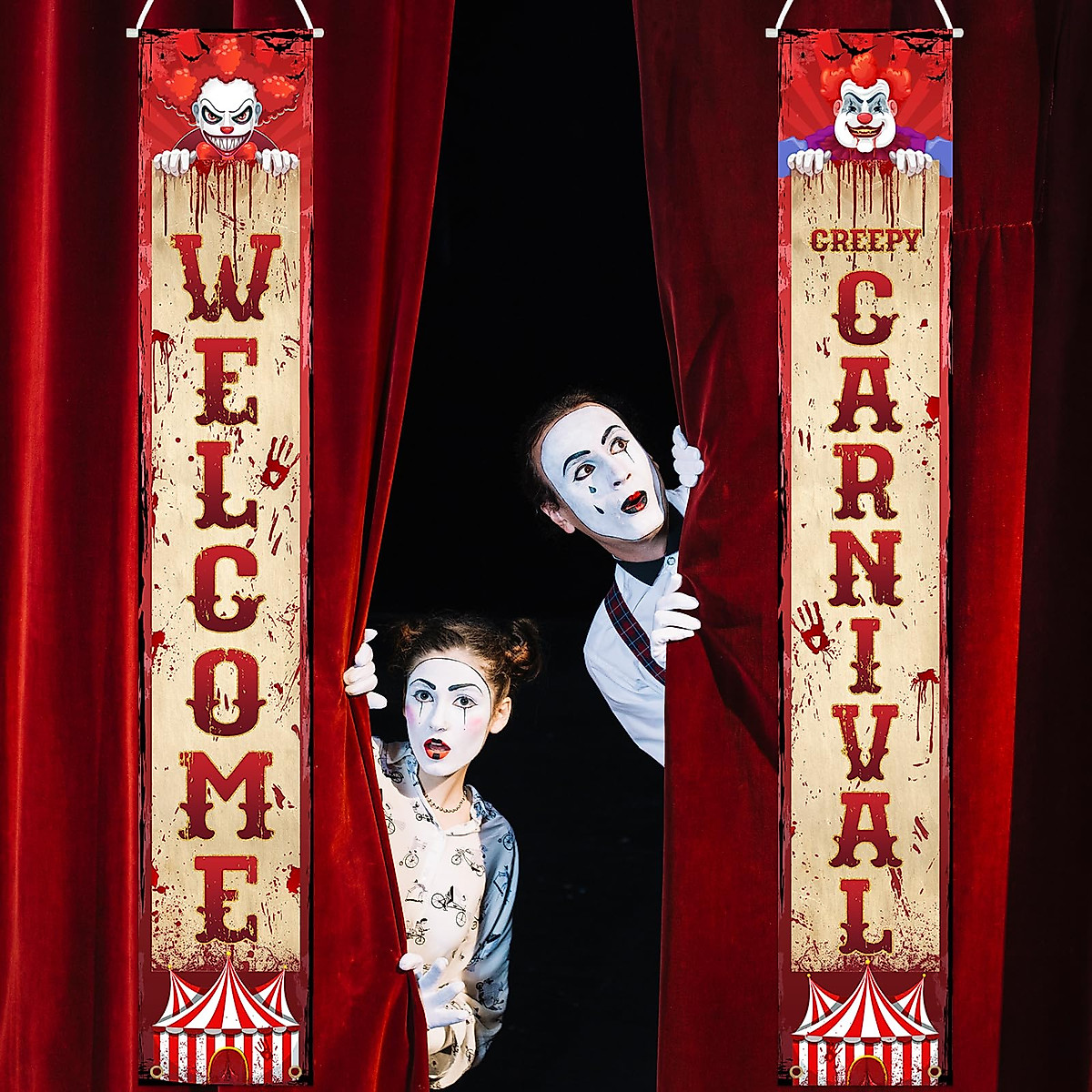 Avezano Halloween Evil Circus Door Cover Halloween Door Decorations Creepy Carnival Welcome Porch Banner Halloween Clown Hanging Banner Outdoor Indoor
