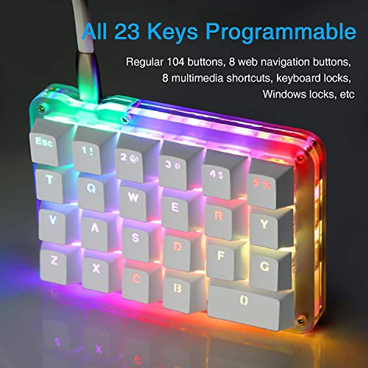 Koolertron One Handed Macro Mechanical Keyboard, Portable Mini One-Handed Mechanical Gaming Keypad 23 Fully Programmable Keys (RGB Backlit/Blue switches)