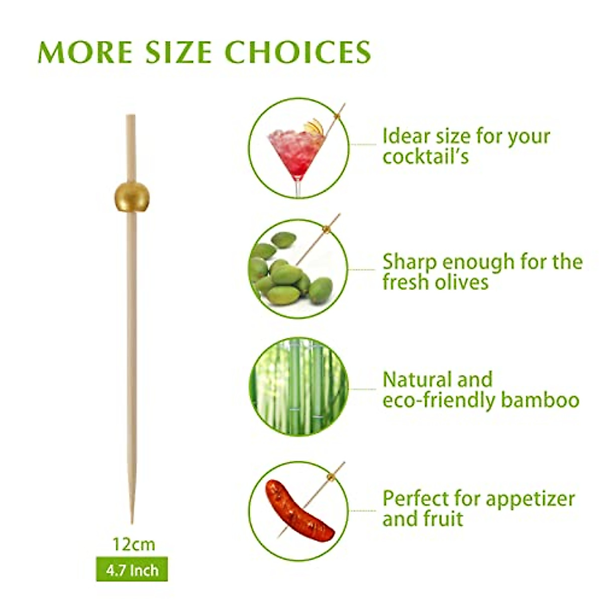 200 Pcs Cocktail Picks, 4.7 Inch Toothpicks for Appetizers, Bamboo Cocktail Sticks Skewers for Drinks, Desserts, Charcuterie, Wedding Party Fancy Toothpicks, Gold Pearl Mini Food Picks Decorative