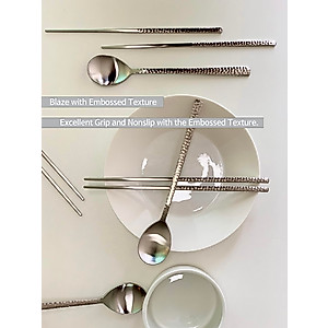 cozymomdeco Korean Made Silver Glossy Hammered Stainless Steel Korean Spoon & Chopstick SET (4SET)