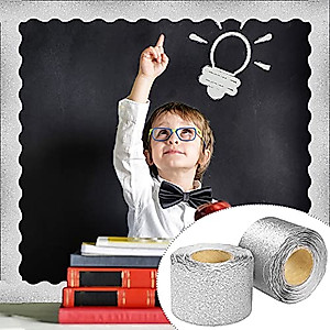 131Ft Silver Glitter Bulletin Board Borders Silver Scalloped Bulletin Board Trims Shiny Decorative Border Trims Sparkle Self-Adhesive Bulletin Stickers for Classroom School Home Office Blackboard Desk