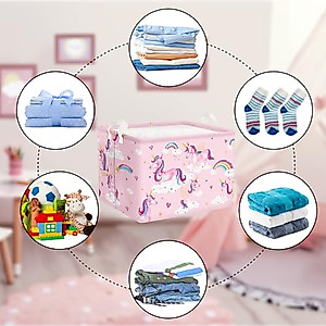 Clastyle Adorable Pink Unicorns Shelf Basket for Kid Cloud Heart Rainbow Baby Girls Gift Basket Rectangle Clothes Books Toy Storage Cube, 36L