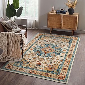 CHICHIC Boho Area Rug 3x5 Washable Rug Non-Slip Entryway Rug Vintage Rug Soft Indoor Accent Rug for Entrance Living Room Bedroom Bedside Kitchen Office Carpet, Red-Blue