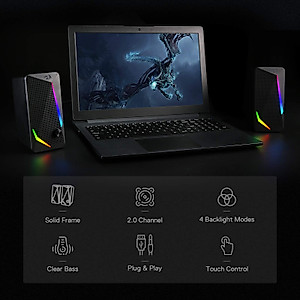 Redragon GS510 RGB Desktop Speakers, 2.0 Channel PC Computer Speaker with 4 Colorful LED Backlight Modes, Enhanced Bass and Easy-Access Volume Control, USB Powered w/ 3.5mm Cable