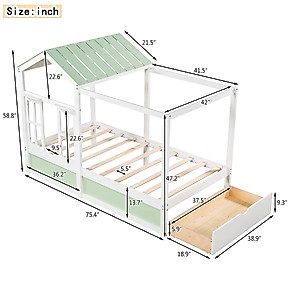 Twin House Bed with Storage Drawer for Kids Wood Cabin Tent Bed Frame for Girls Boys Montessori Beds with Roof and Window Twin Size, Green