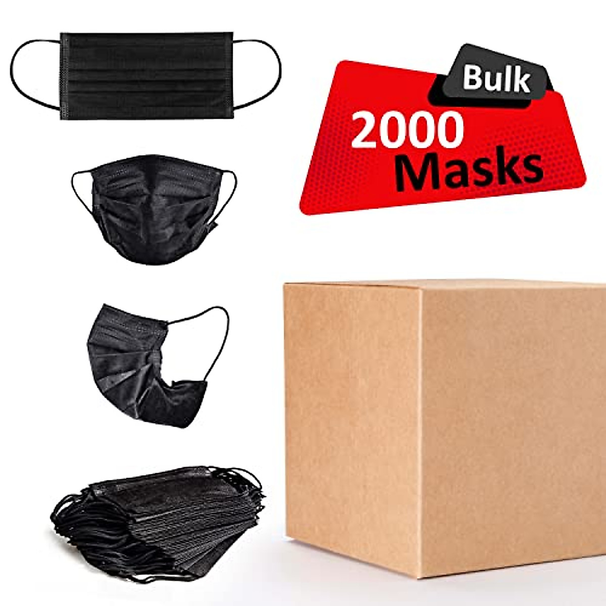 2000 Black Disposable Face Masks Bulk (40 Packs, 50pcs/Pack), Non Woven Thick 3-Layers Breathable Facial Masks with Adjustable Ear loop, Mouth and Nose Cover
