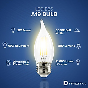 Xtricity LED 5.5W Flame Tip Clear Filament Chandelier Bulbs, 60W Equivalent Chandler Light Bulbs, 500 Lumens, 3000K Soft White, Dimmable, 120V, E26 Medium Base, Energy Star, Clear (6 Pack)