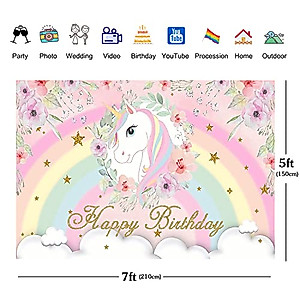 GEAMLA 7x5ft Pink Rainbow Unicorn Birthday Party Decoration - Photography Backdrop & Decorations for Girls Bedroom