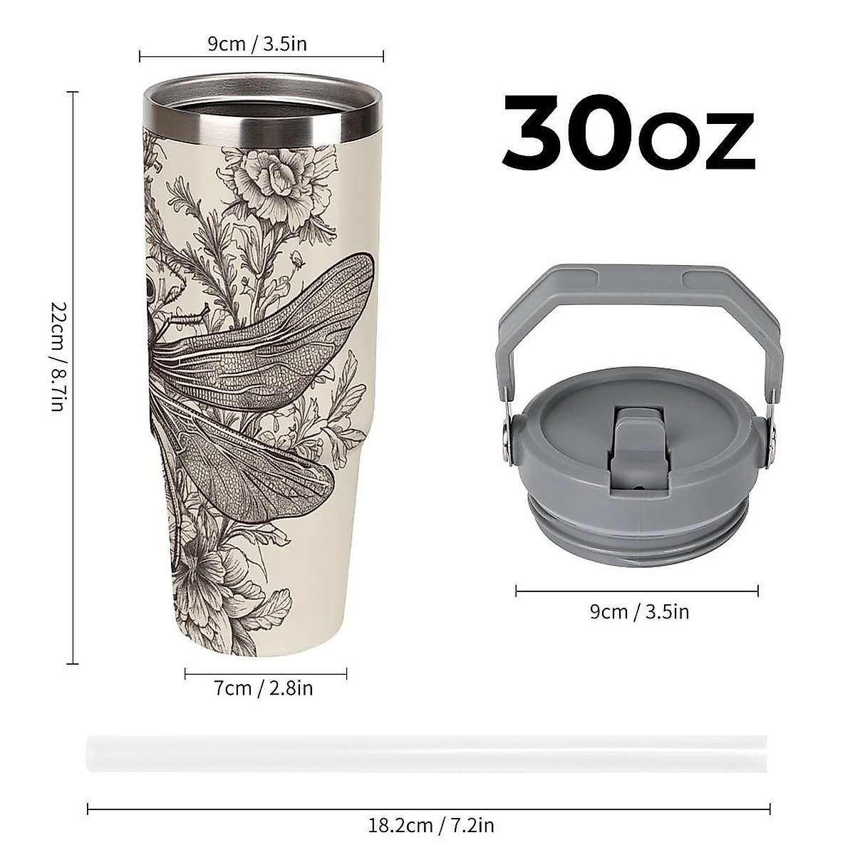 30oz Stainless Steel Insulated Tumbler with Flip Lid & Straw, Leakproof Travel Mug for Car, Hand Drawn Floral Dragonfly Double Wall Vacuum Thermal Coffee Cup with Handle, Spill-Proof Design for Hot/Co