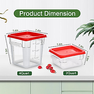 2 Pcs Food Storage Container with Lids Set - 2qt and 4qt Square Clear Food Container with Scales Handles, Commercial Food Storage for Home Kitchen Restaurant Food Storage, Dough Marinating Meat (Red)