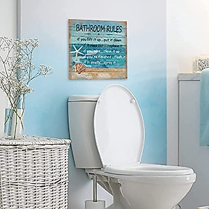 Seashells Bathroom Rules Wall Sign for Bathroom Decor, Funny Bathroom Wall Decor Wall Art For Beach House, Cute Beach Sign Plaque- 12 x 12 Inchs
