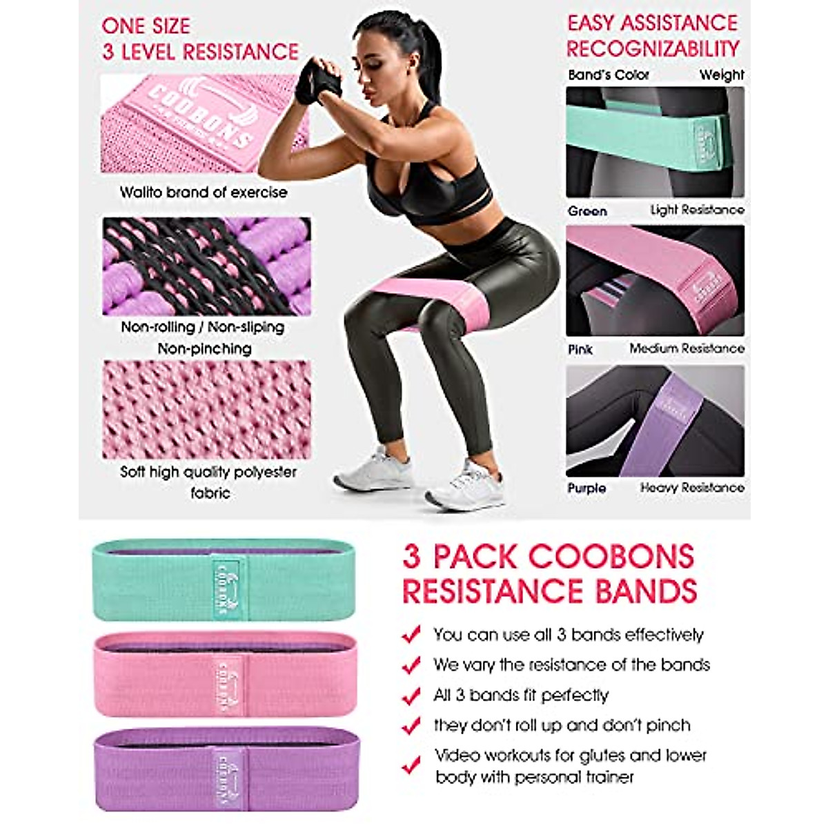 Resistance Bands Set - Booty & Legs Exercise Bands, Anti-Slip Fabric Stretch Bands, Workout Bands for Women/Men, Working Out, Hip Circle Lift, Thigh, Squat, Yoga, at Home Fitness or Gym - 3 Levels